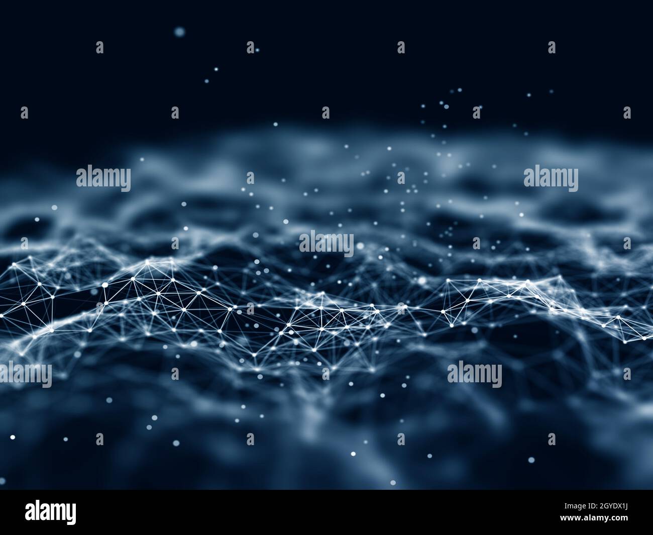 3D render of a network communications background with low poly plexus design and cyber particles ...