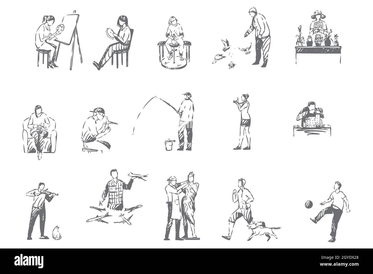 People hobbies, activities concept sketch. Indoor and outdoor leisure ...