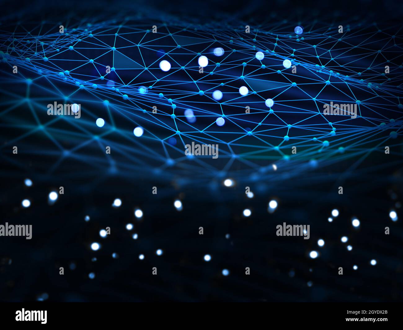 3D render of a network connections background with glowing lights and connecting lines and dots ...