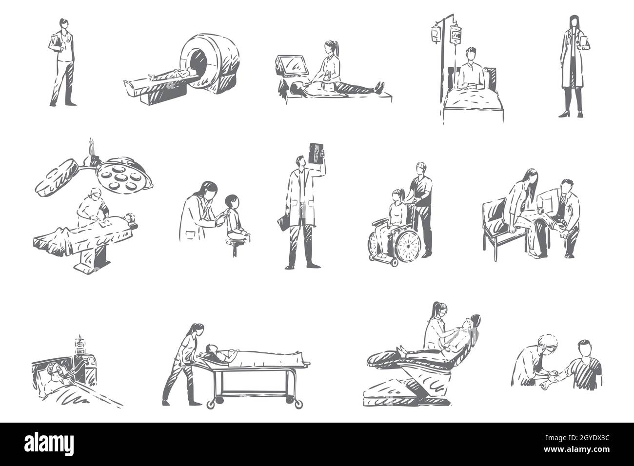 Hospital staff and patients, medicine concept sketch. Health care ...