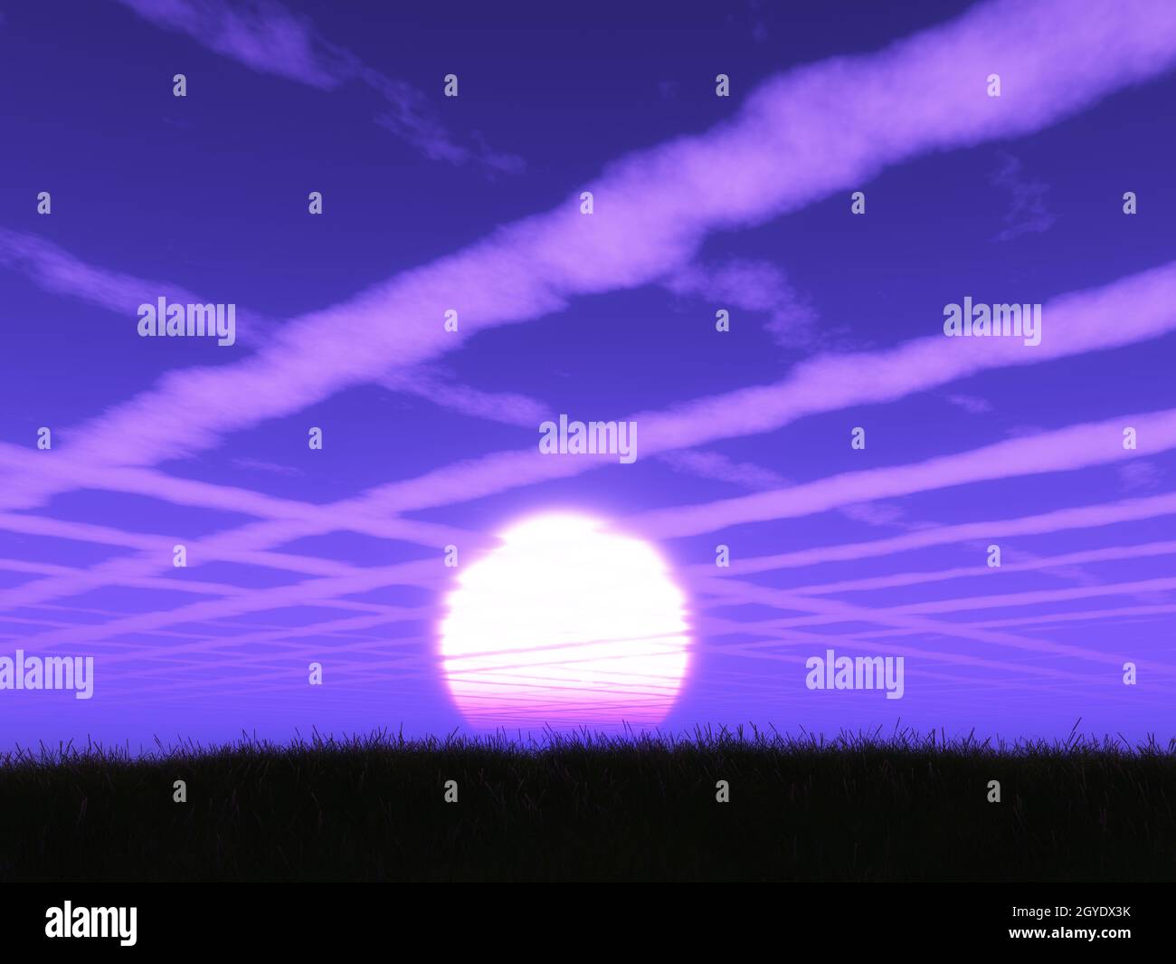 3D render of a purple sunset landscape with cloud trails in the sky ...