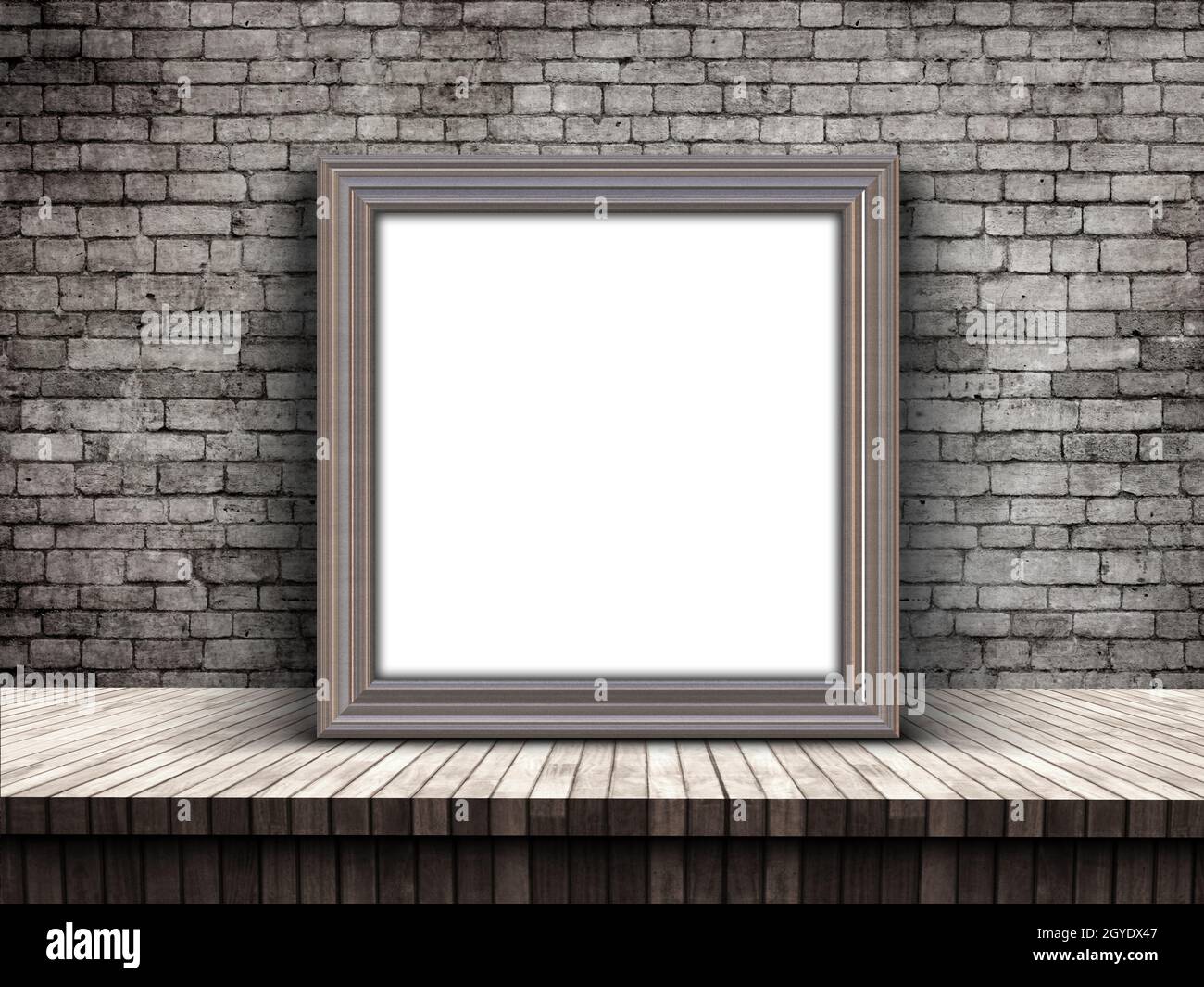 3D render of a picture frame leaning on a table against an old brick ...