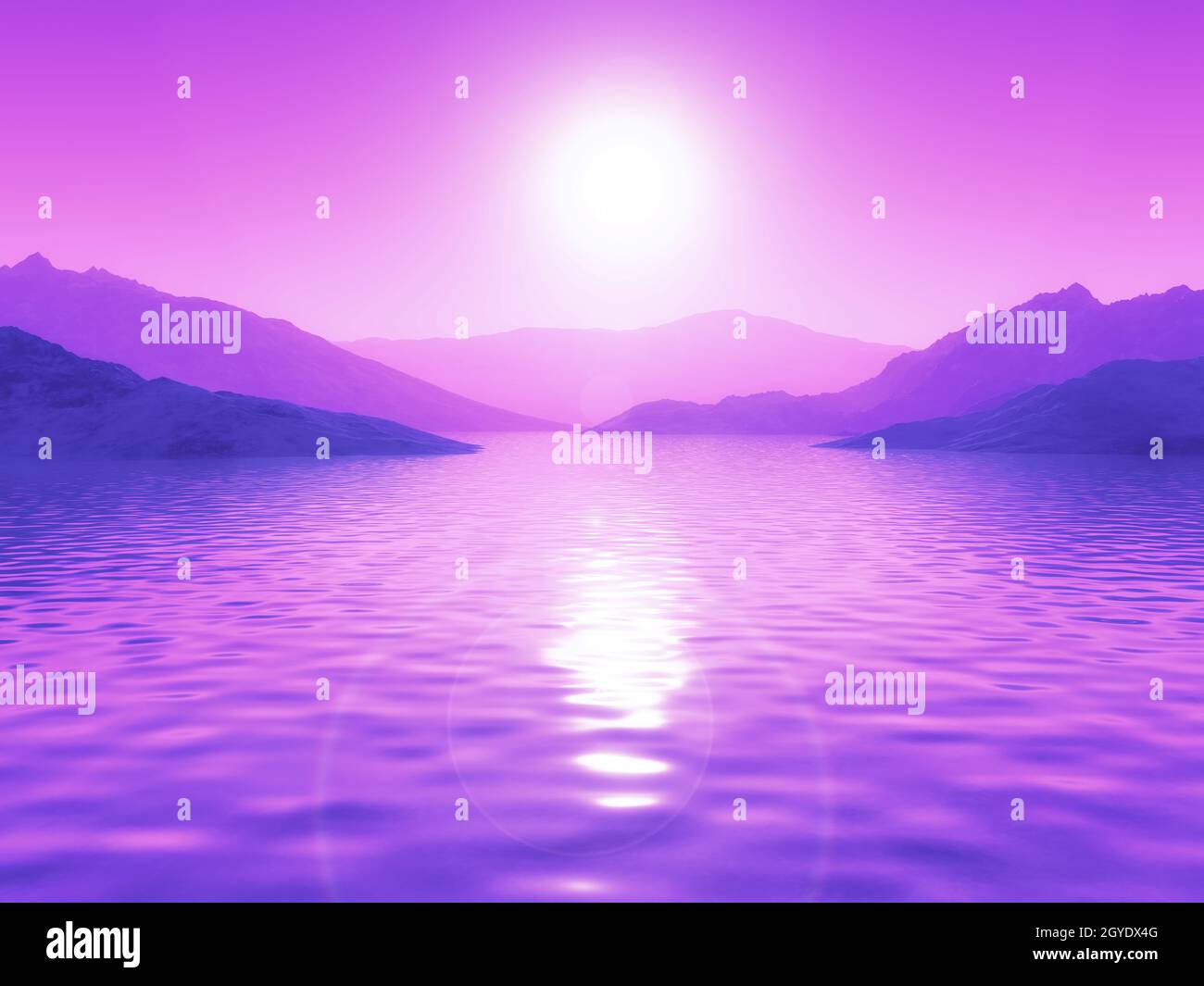 3D render of a purple sunset ocean landscape Stock Photo - Alamy