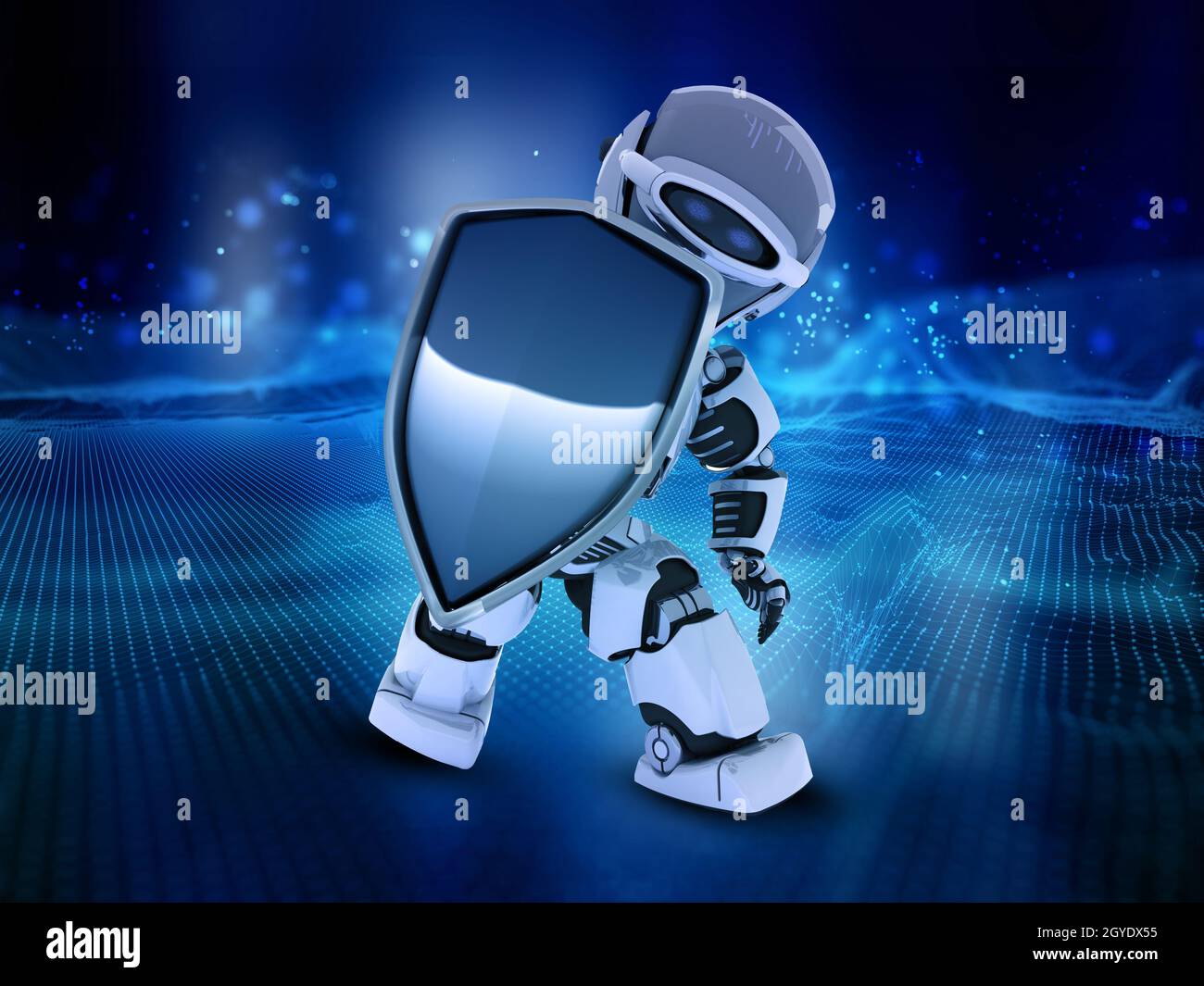 3D render of a robot holding shield depicting digital security Stock ...