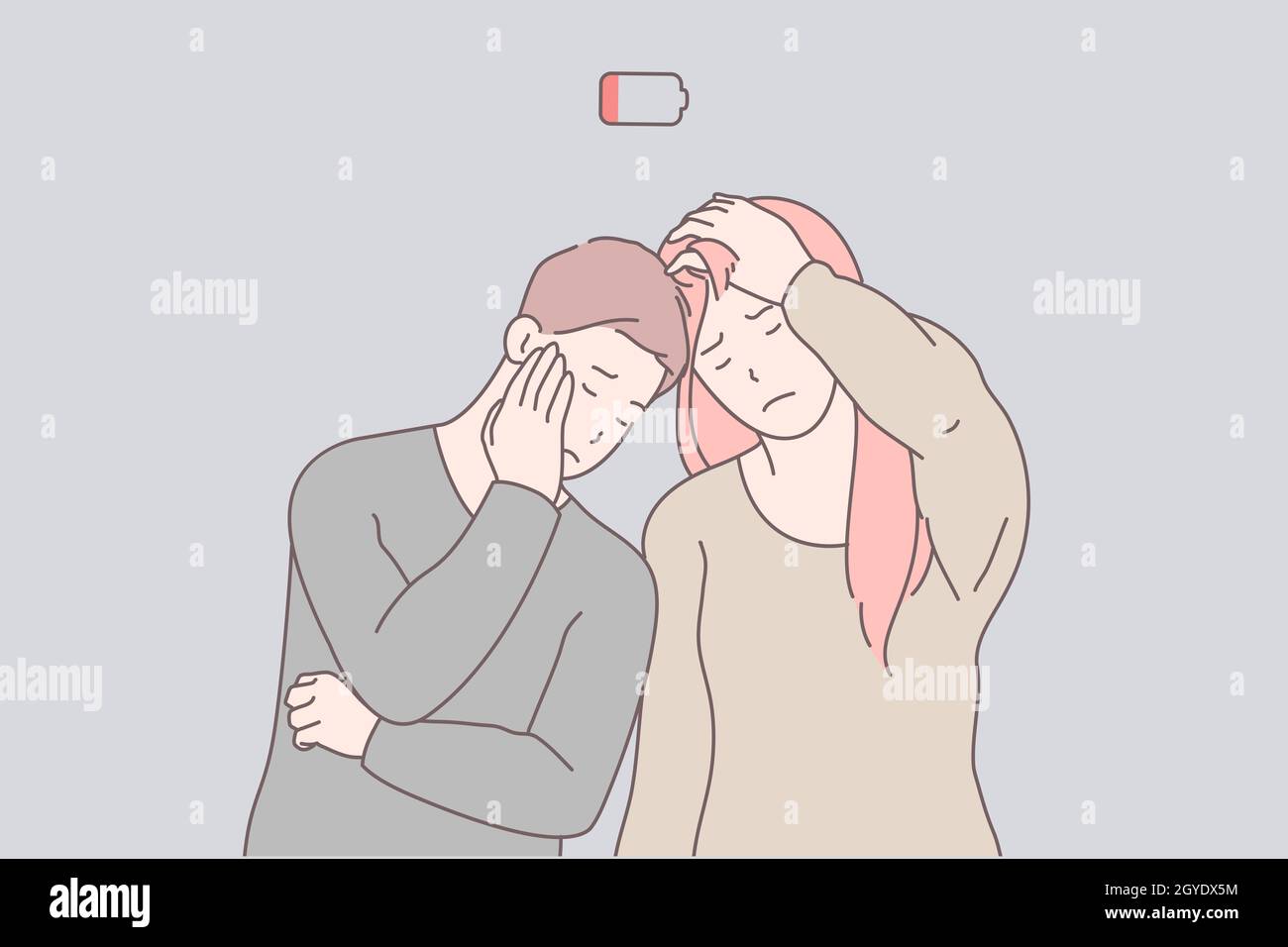 Tired people, exhausted workers, professional burnout concept. Man and ...