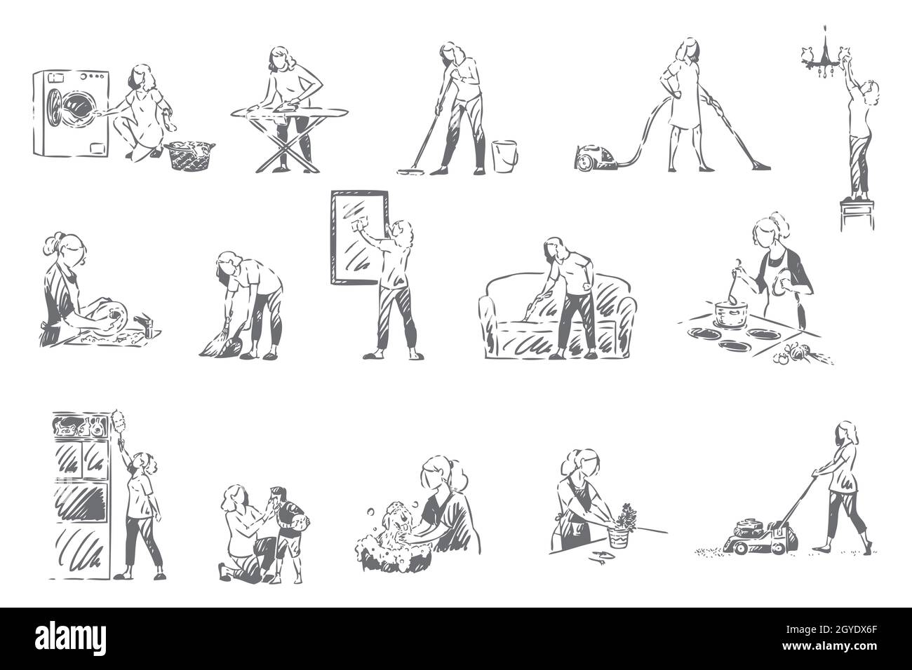 Housekeeping, household chores concept sketch. Young woman doing ...