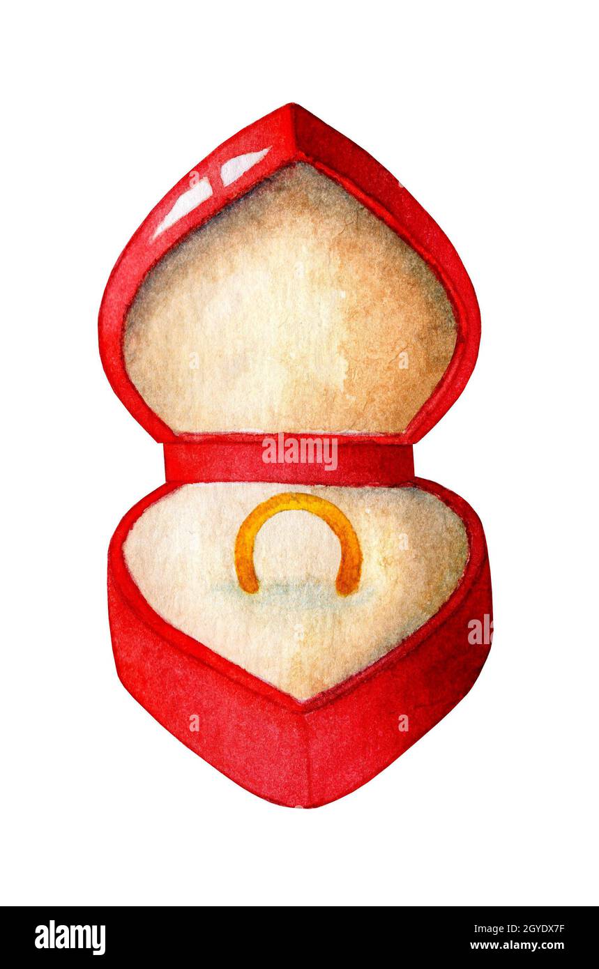 Watercolor illustration of a red velvet heart-shaped box with a gold ...