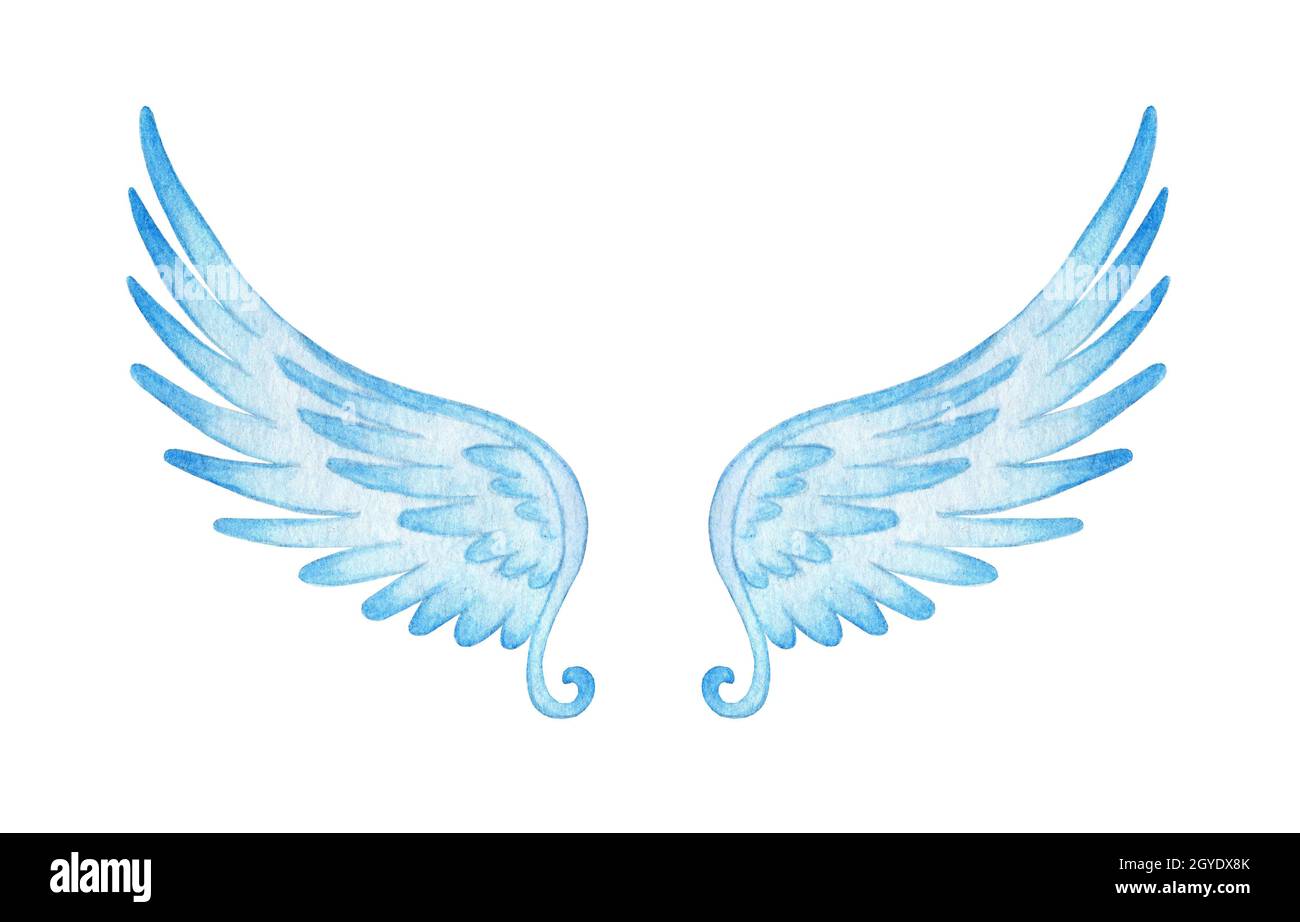 Watercolor blue angel wings. Religious illustration, beautiful ...