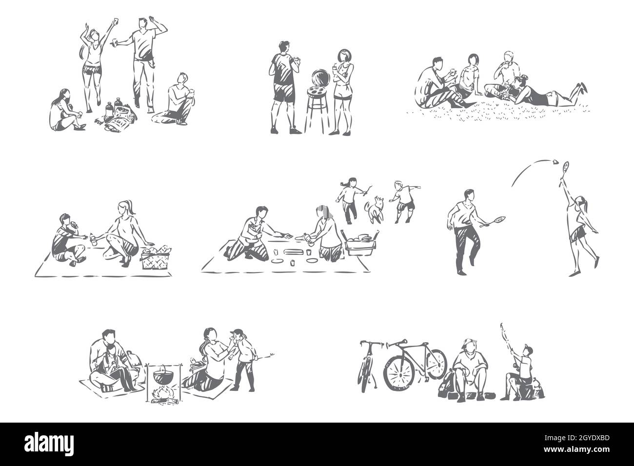 Family outdoor recreation concept sketch. Relatives spend time together ...