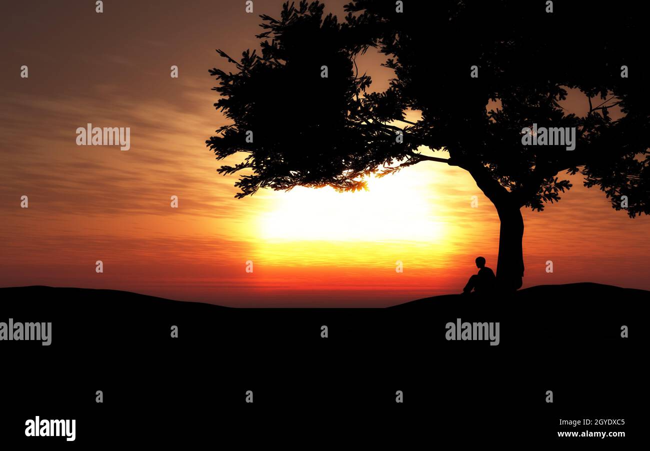 Boy sitting tree silhouette hi-res stock photography and images - Alamy
