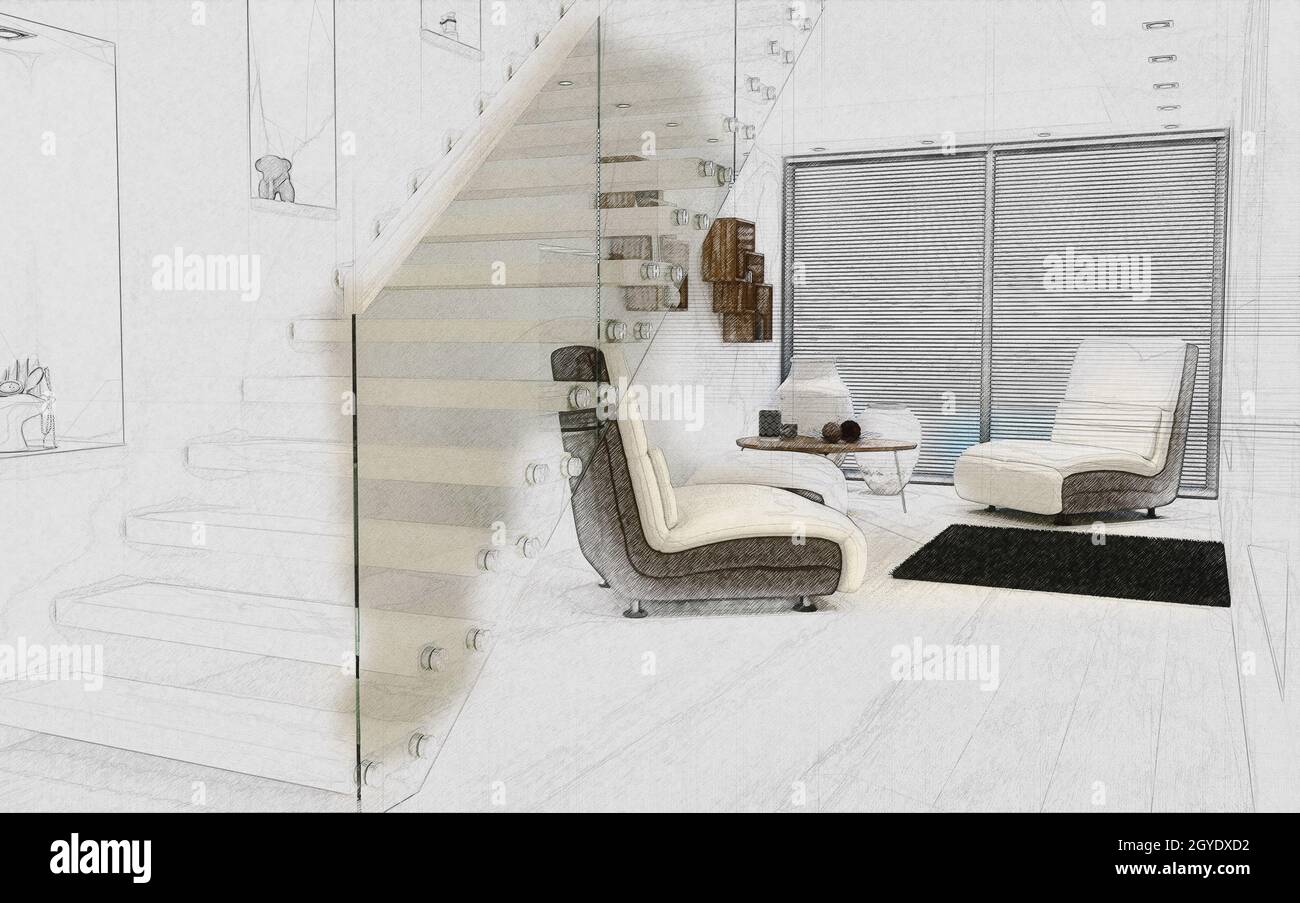 3D render of a sketch of a modern room interior Stock Photo - Alamy