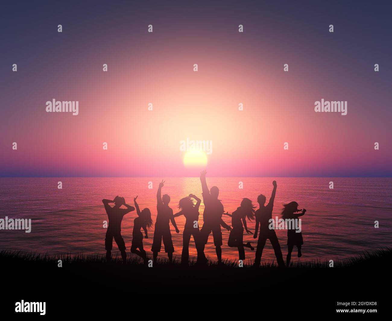 3D render of a silhouette of people dancing against a sunset ocean ...