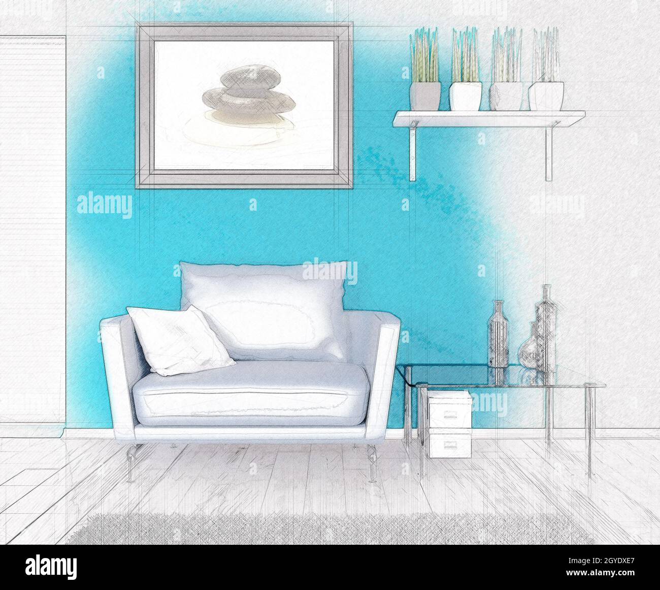 3D render of a sketched background of a modern lounge interior Stock ...