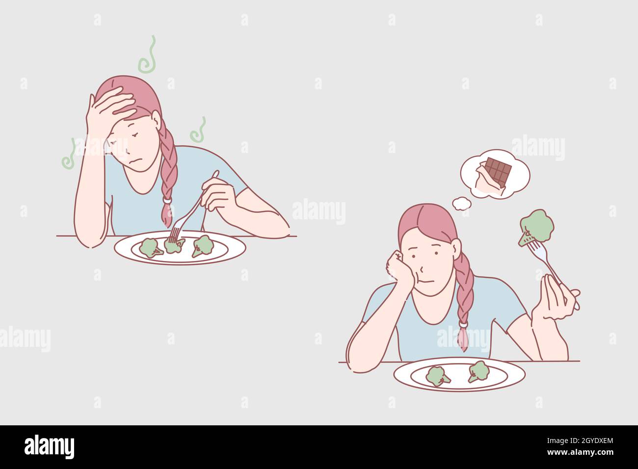 Meal dissatisfaction, diet, healthy food, chocolate bar dream concept ...