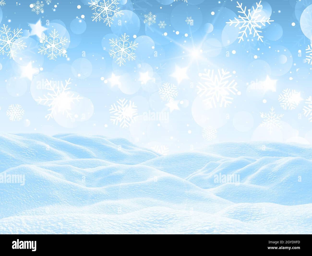 3D render of a snowy landscape with falling snowflakes Stock Photo - Alamy