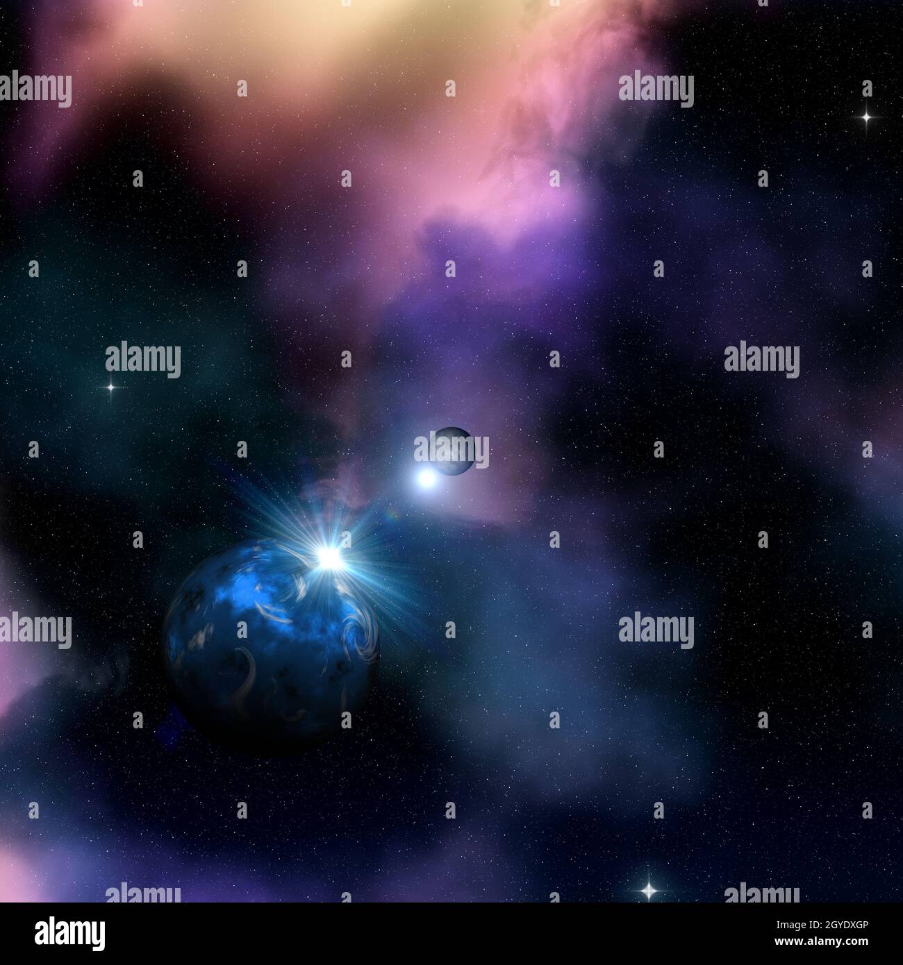 3D render of a space background with sun rising behind fictional ...