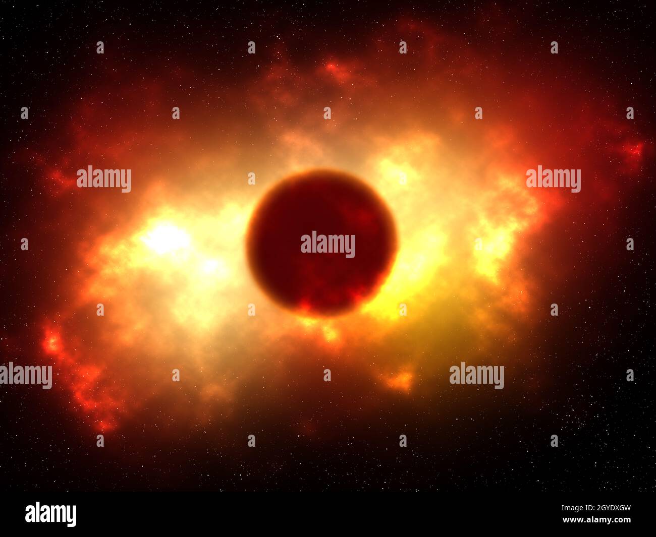 3D render of a space scene with fiery planet with explosion effect ...