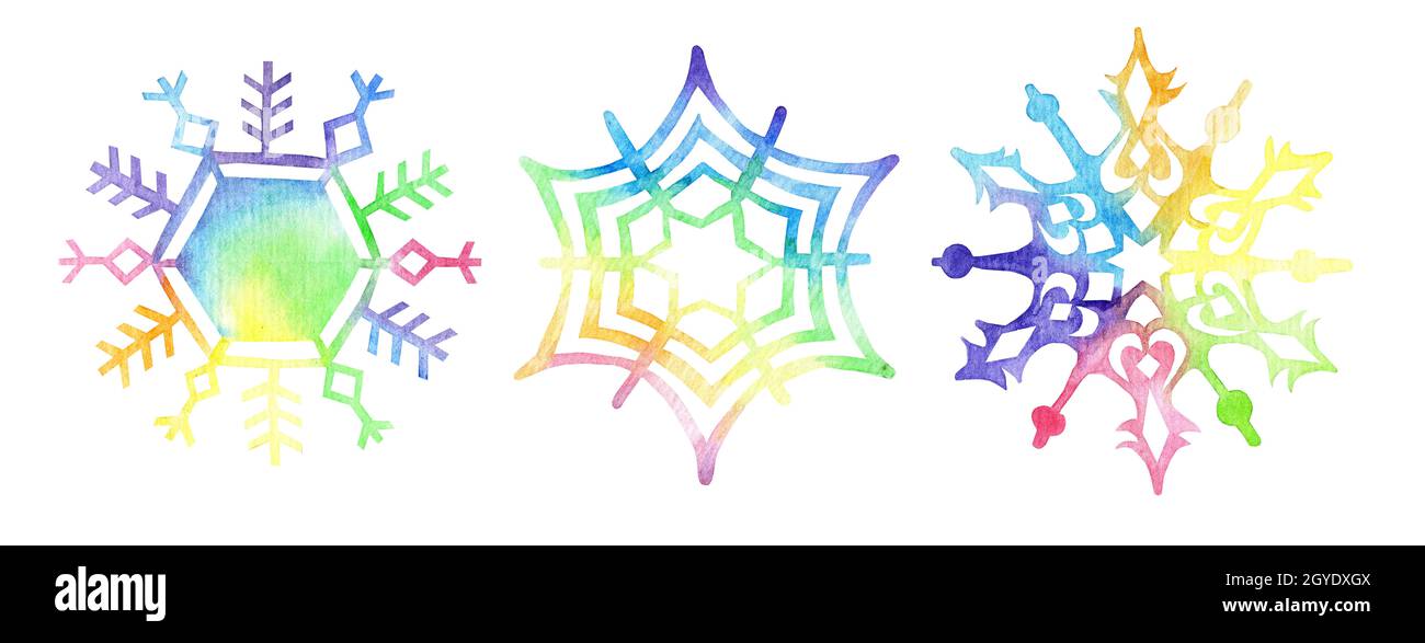 Watercolor set of rainbow snowflakes. Winter illustration snow shimmers ...