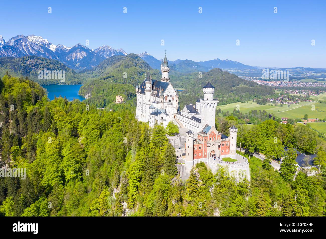 Schloss Neuschwanstein castle aerial view architecture Alps landscape Bavaria Germany travel ...