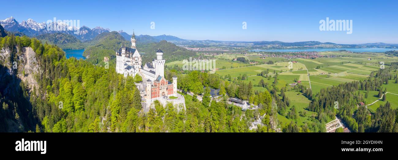 Schloss Neuschwanstein castle aerial view architecture Alps landscape Bavaria Germany travel ...