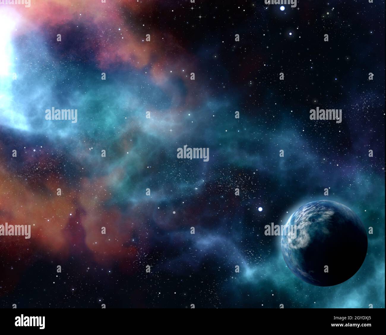3D render of a starry night sky background with abstract planet and ...