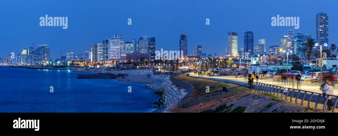 Tel Aviv skyline panorama in Israel blue hour night city sea ...
