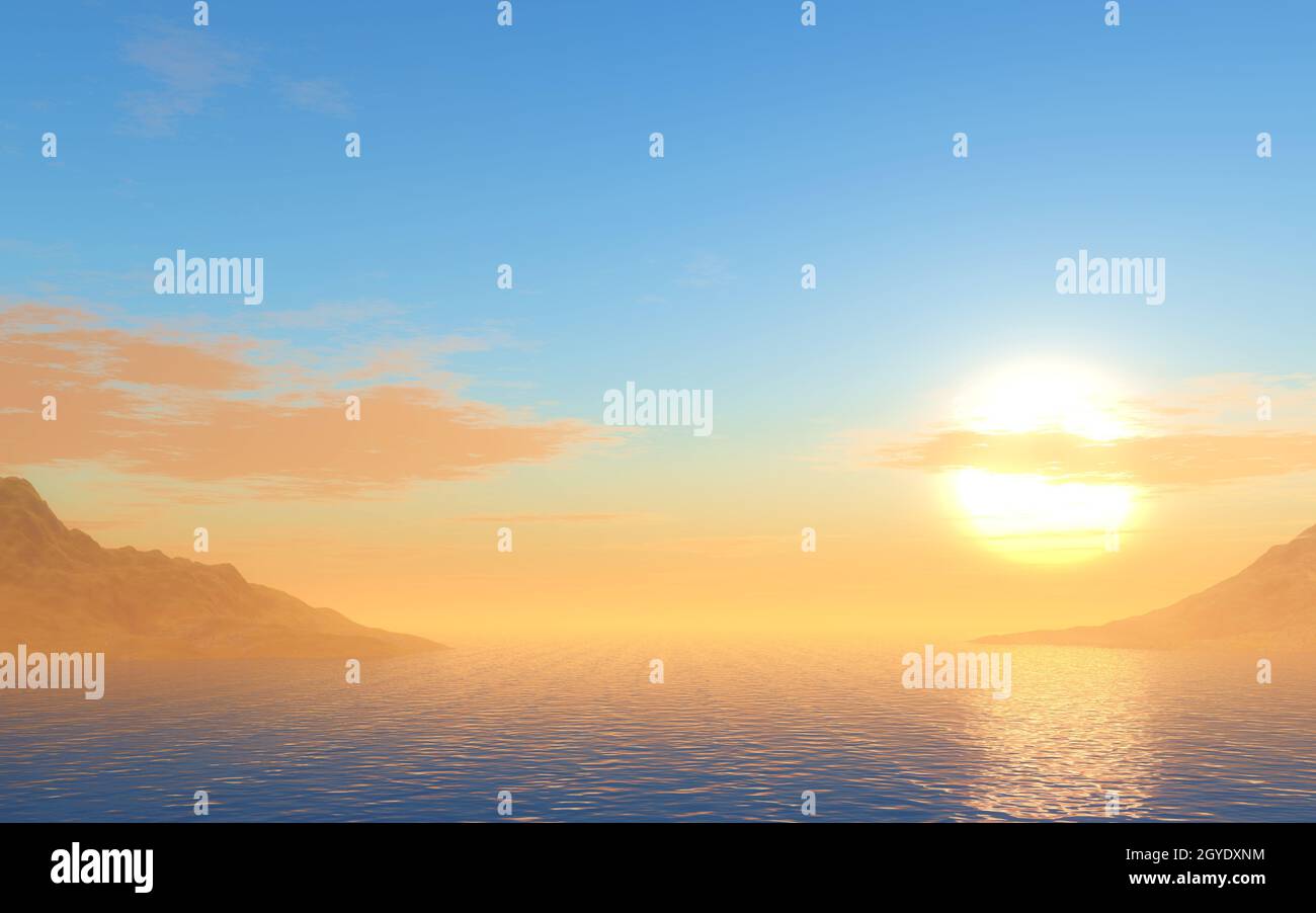 3D render of a sunset ocean landscape Stock Photo - Alamy