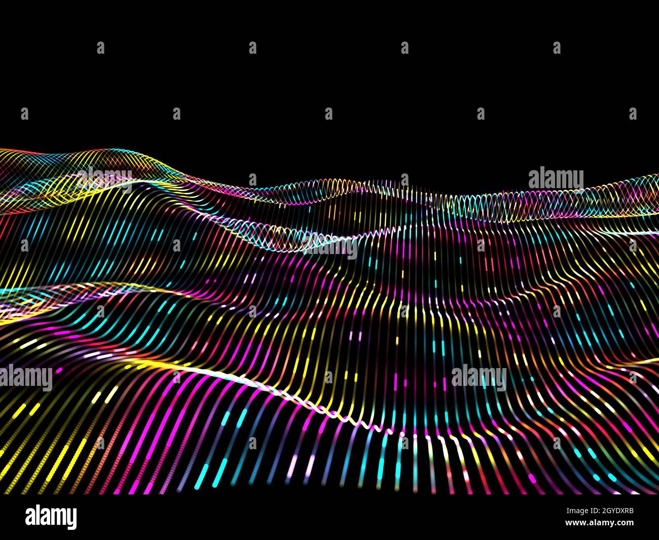 3D render of a techno background with neon coloured flowing particle ...