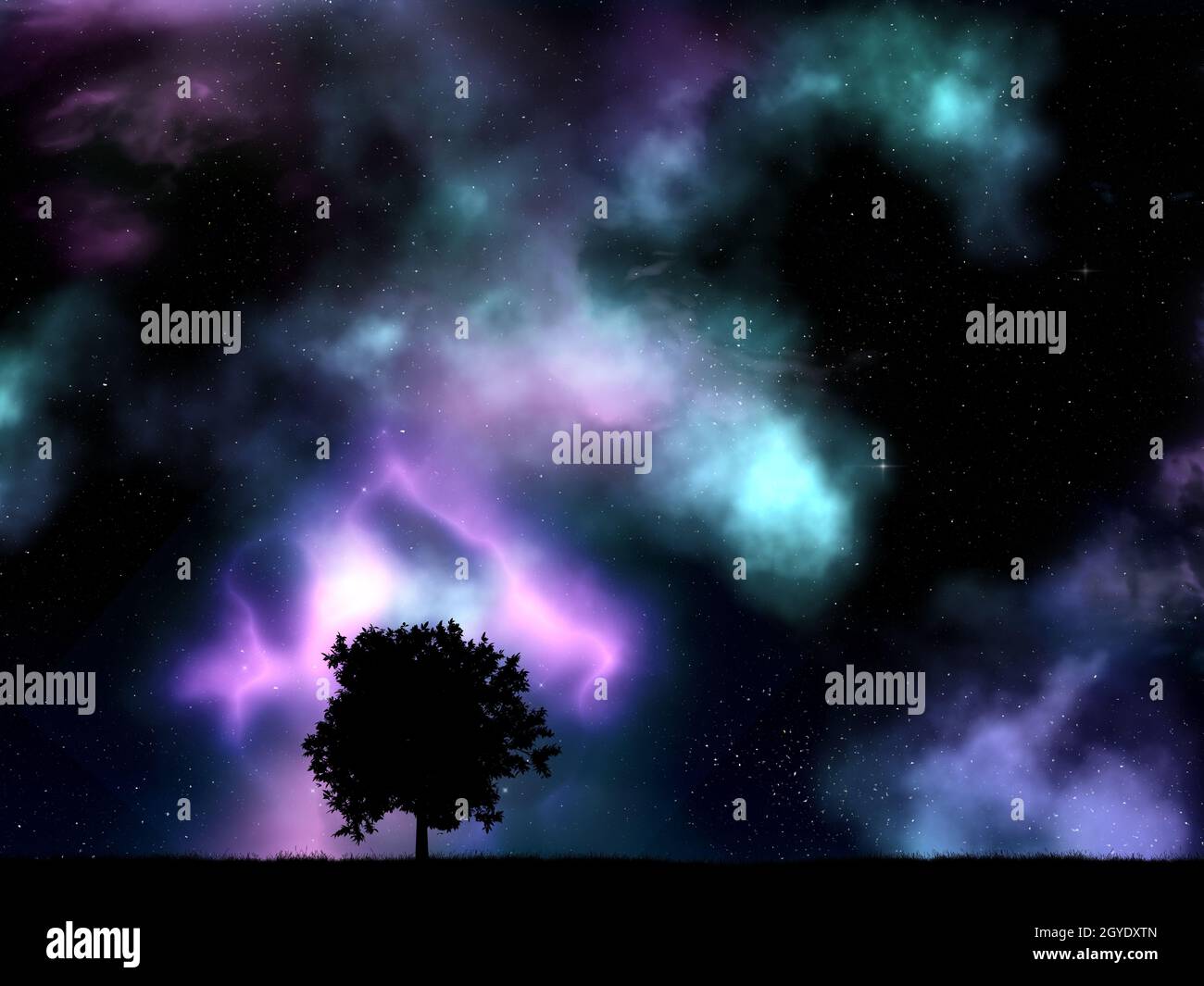 3D render of a tree silhouettes against a space sky with nebula and ...