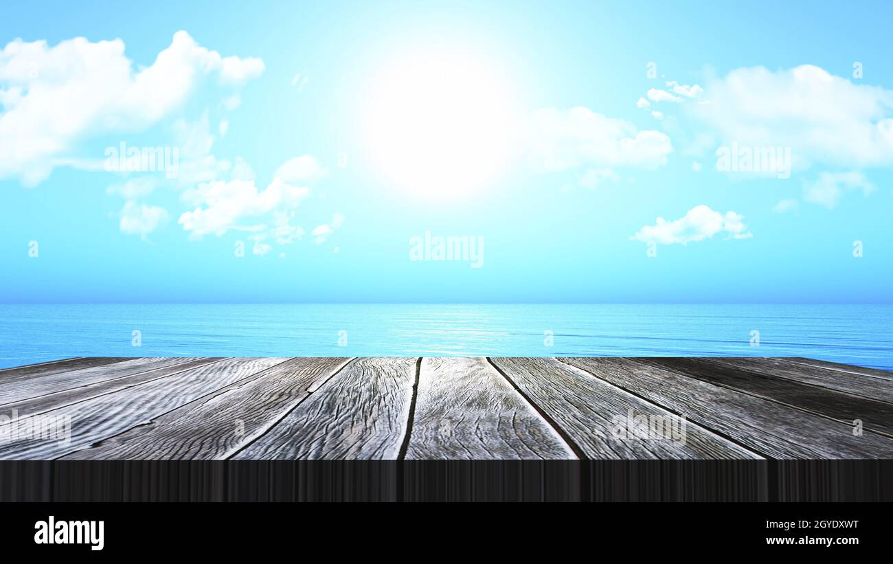 3D render of a vintage wooden table looking out to an ocean landscape ...