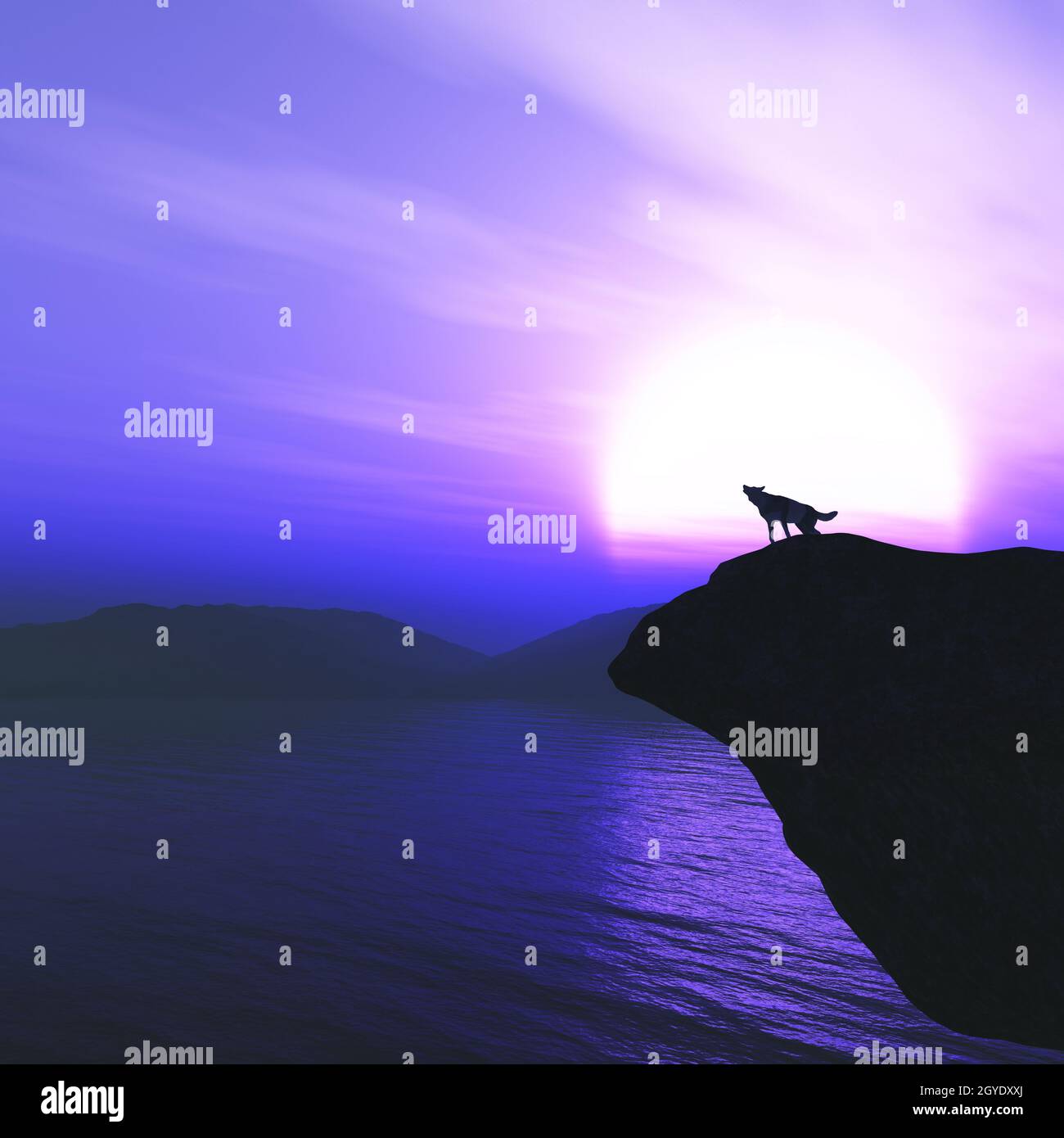 3D render of a wolf on a cliff howling against against a sunset sky ...