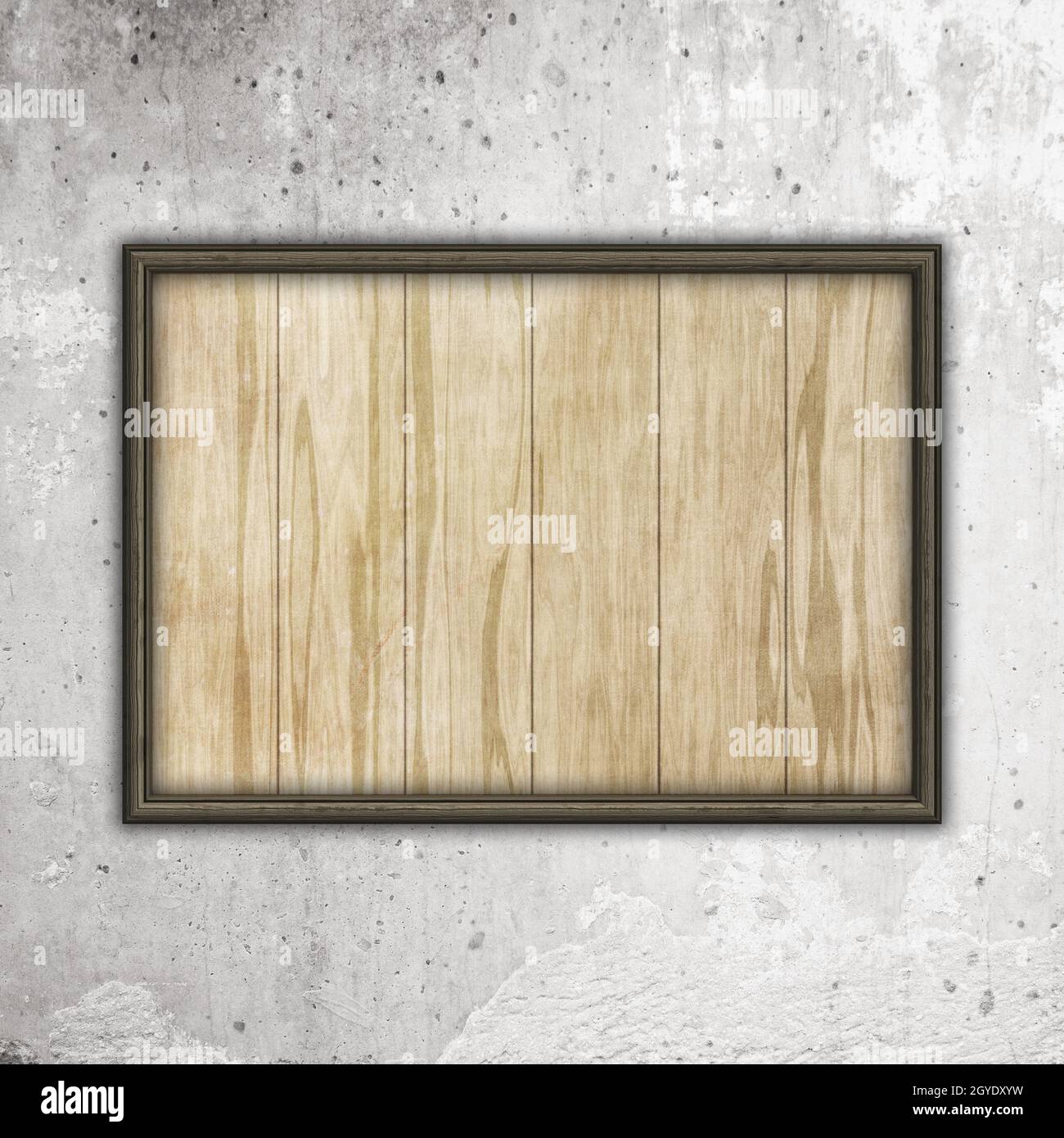 3D render of a wooden frame with wood texture on a concrete wall Stock ...