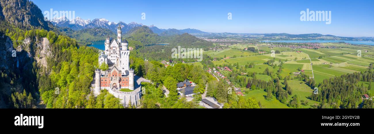 Schloss Neuschwanstein castle aerial view architecture Alps landscape Bavaria Germany travel ...