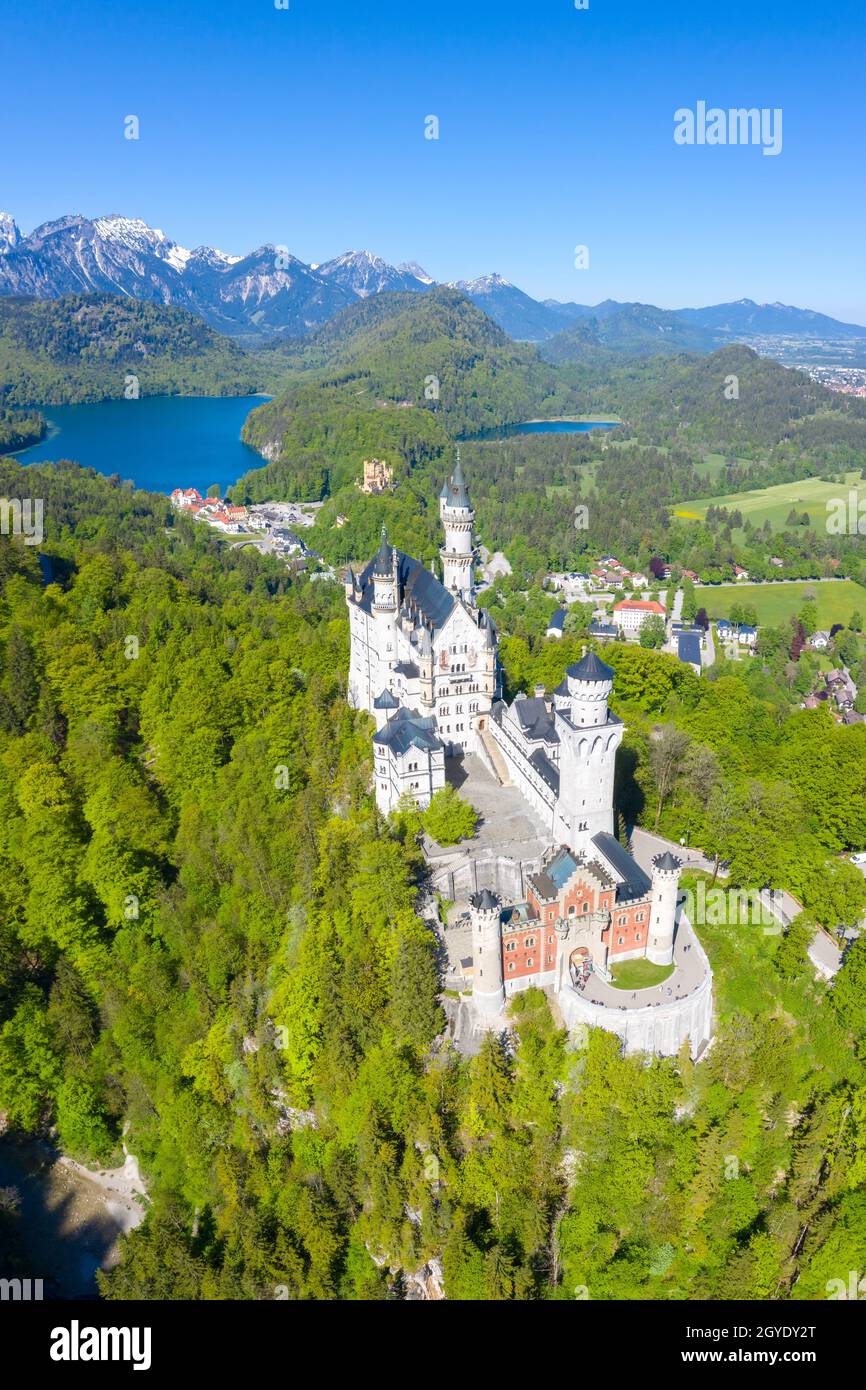 Schloss Neuschwanstein castle aerial view architecture Alps landscape Bavaria Germany travel ...