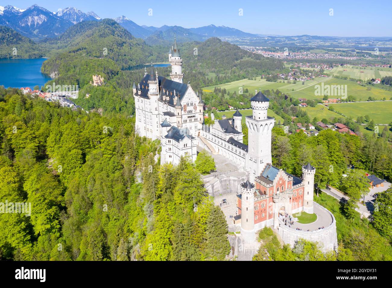Schloss Neuschwanstein castle aerial view architecture Alps landscape Bavaria Germany travel ...