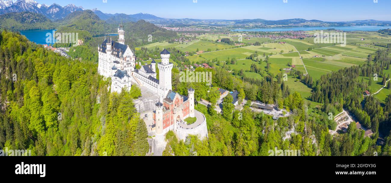 Schloss Neuschwanstein castle aerial view architecture Alps landscape Bavaria Germany travel ...