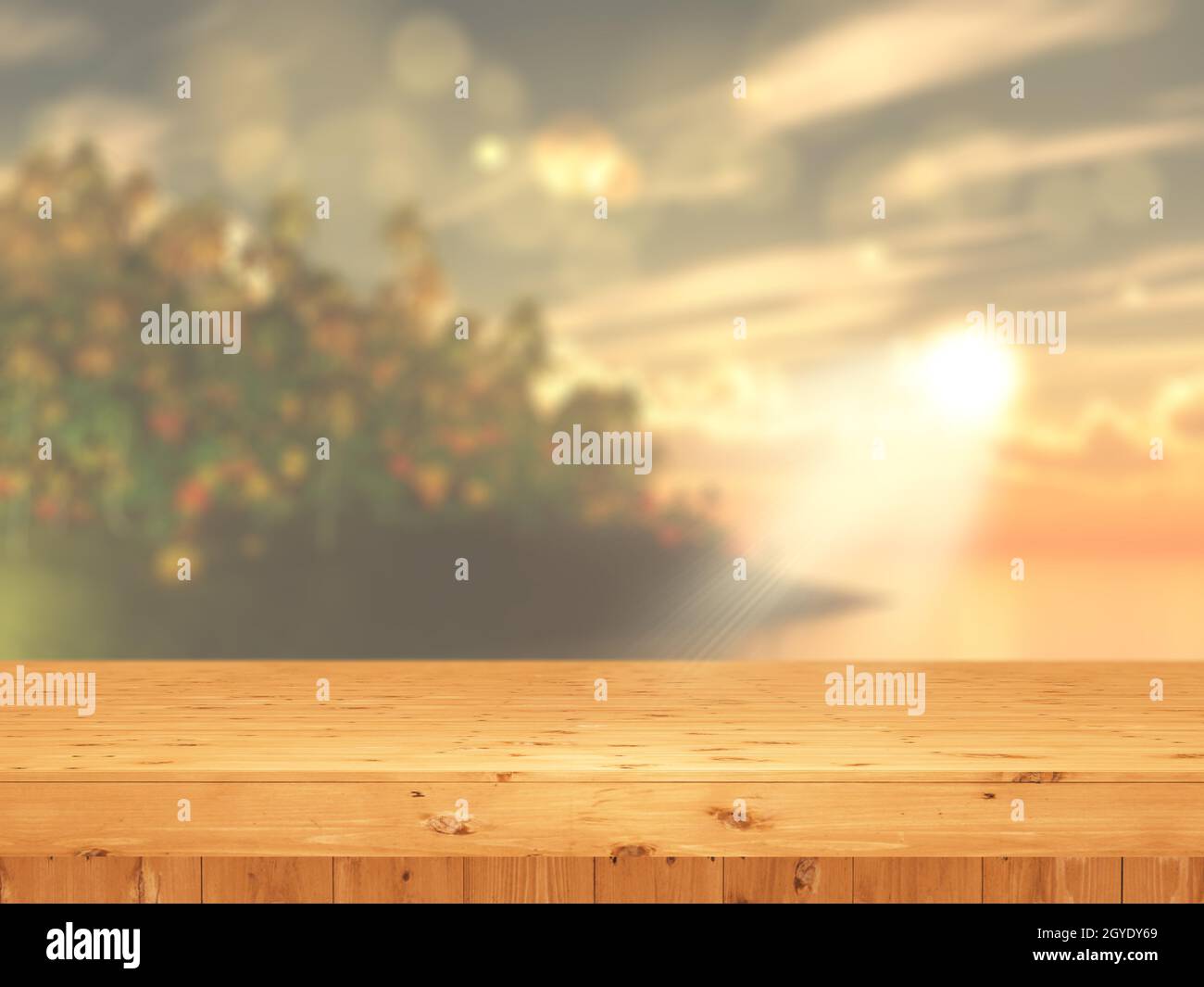 3D render of a wooden table against a tropical landscape background ...