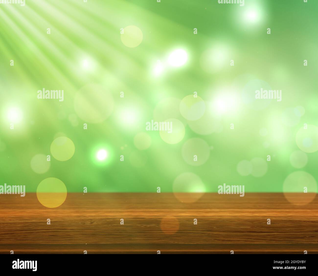 3D render of a wooden table with sun rays looking out to a defocussed ...