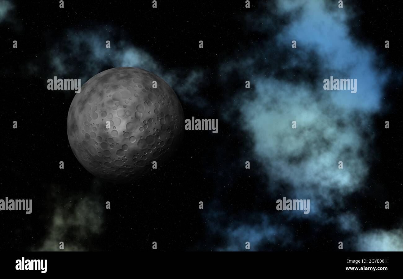 3D render of an abstract space background with fictional moon and ...