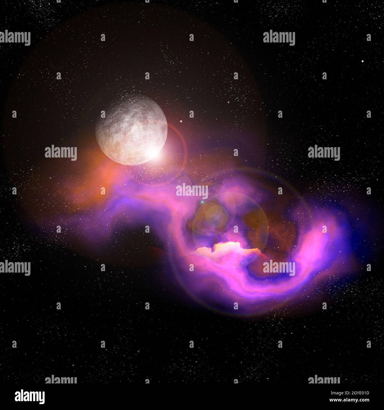 3D render of an abstract space scene with nebula and fictional moon ...