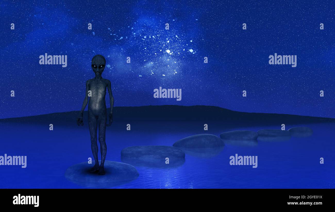 3D render of an alien stood on stepping stones in ocean against night ...
