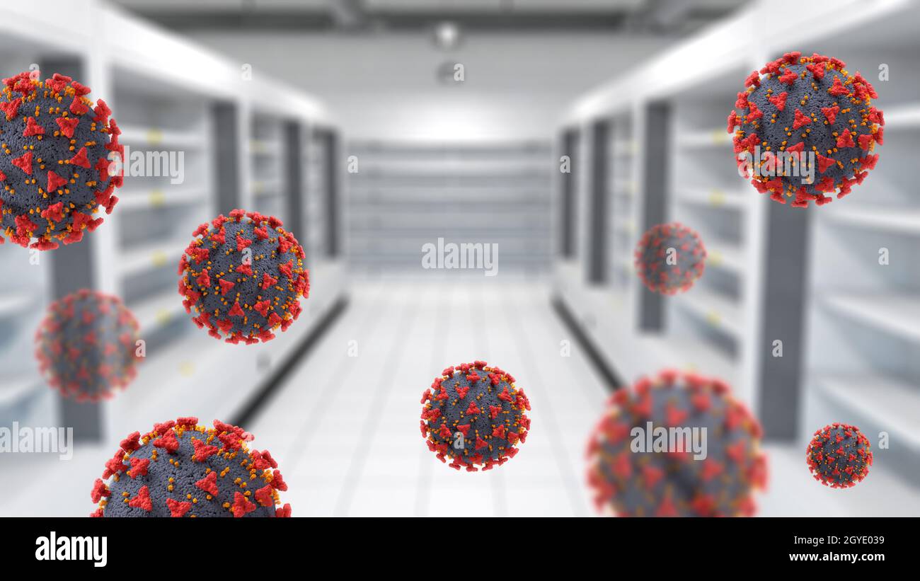 3D render of an interior of a supermarket with empty shelves and Covid ...