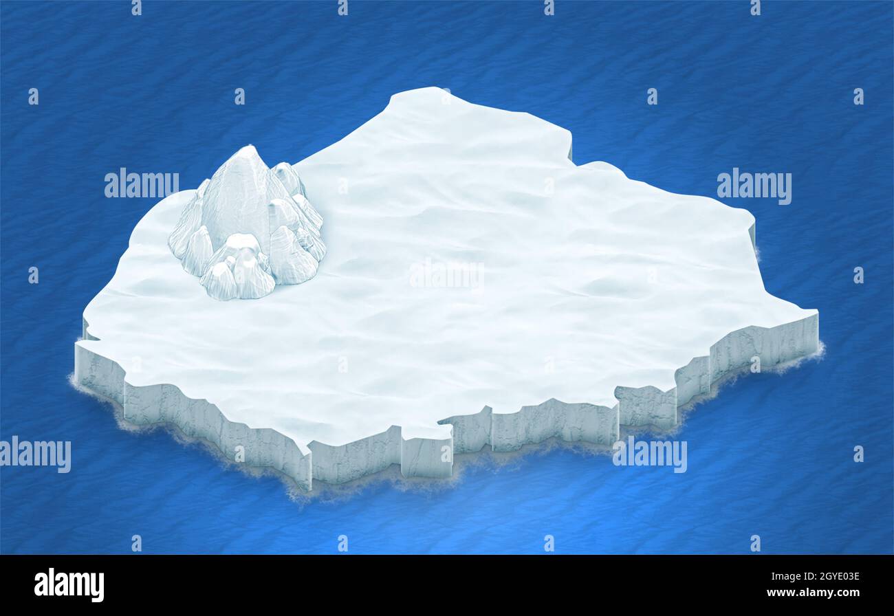 3D render of an isometric terrain of ice on a blue ocean background ...
