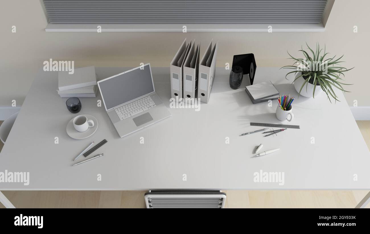 3D render of an office interior with top view of a desk Stock Photo - Alamy