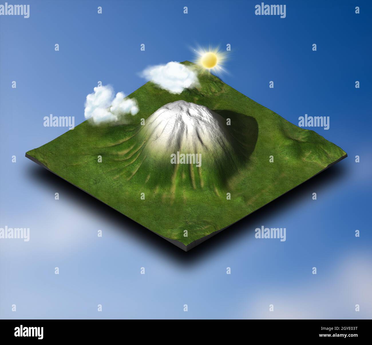 3D render of an isometric landscape design with clouds and sun Stock ...