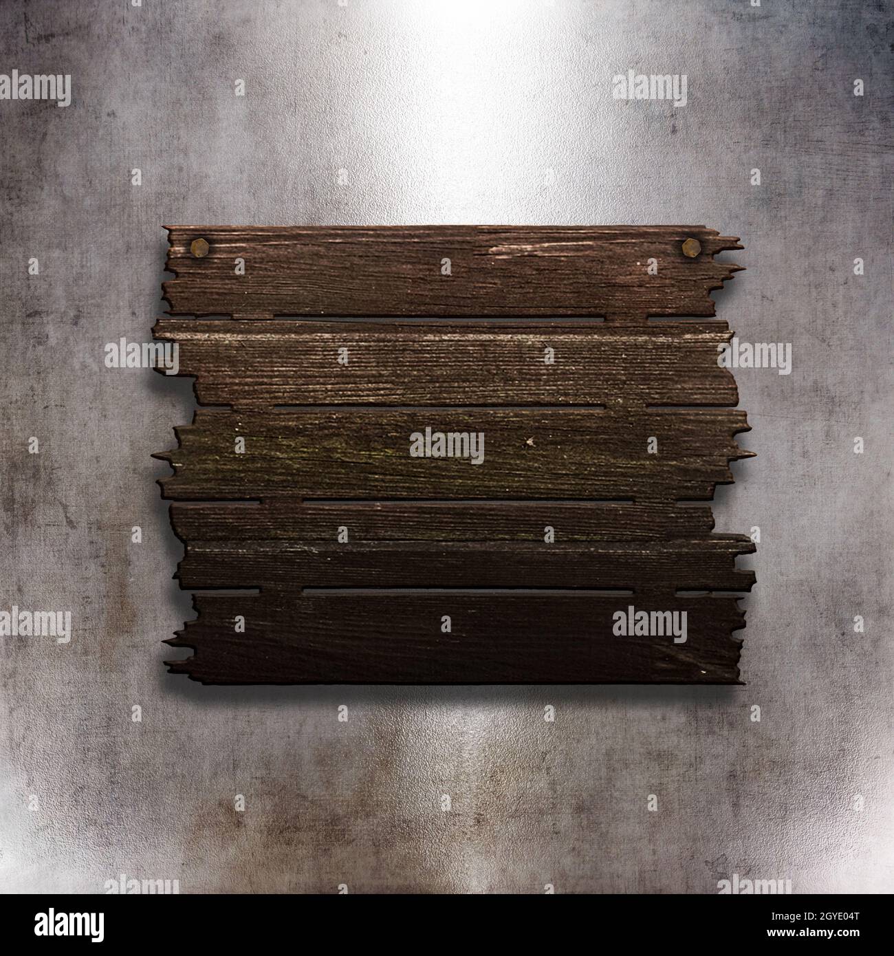 3D render of an old wooden sign on a grunge metal texture Stock Photo ...
