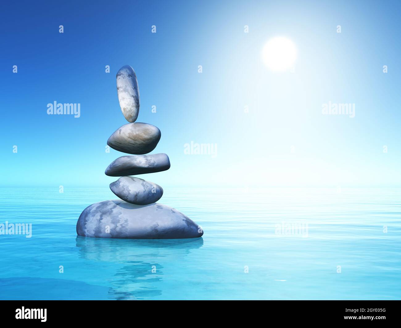 3D render of balancing pebbles in tropical ocean landscape Stock Photo ...
