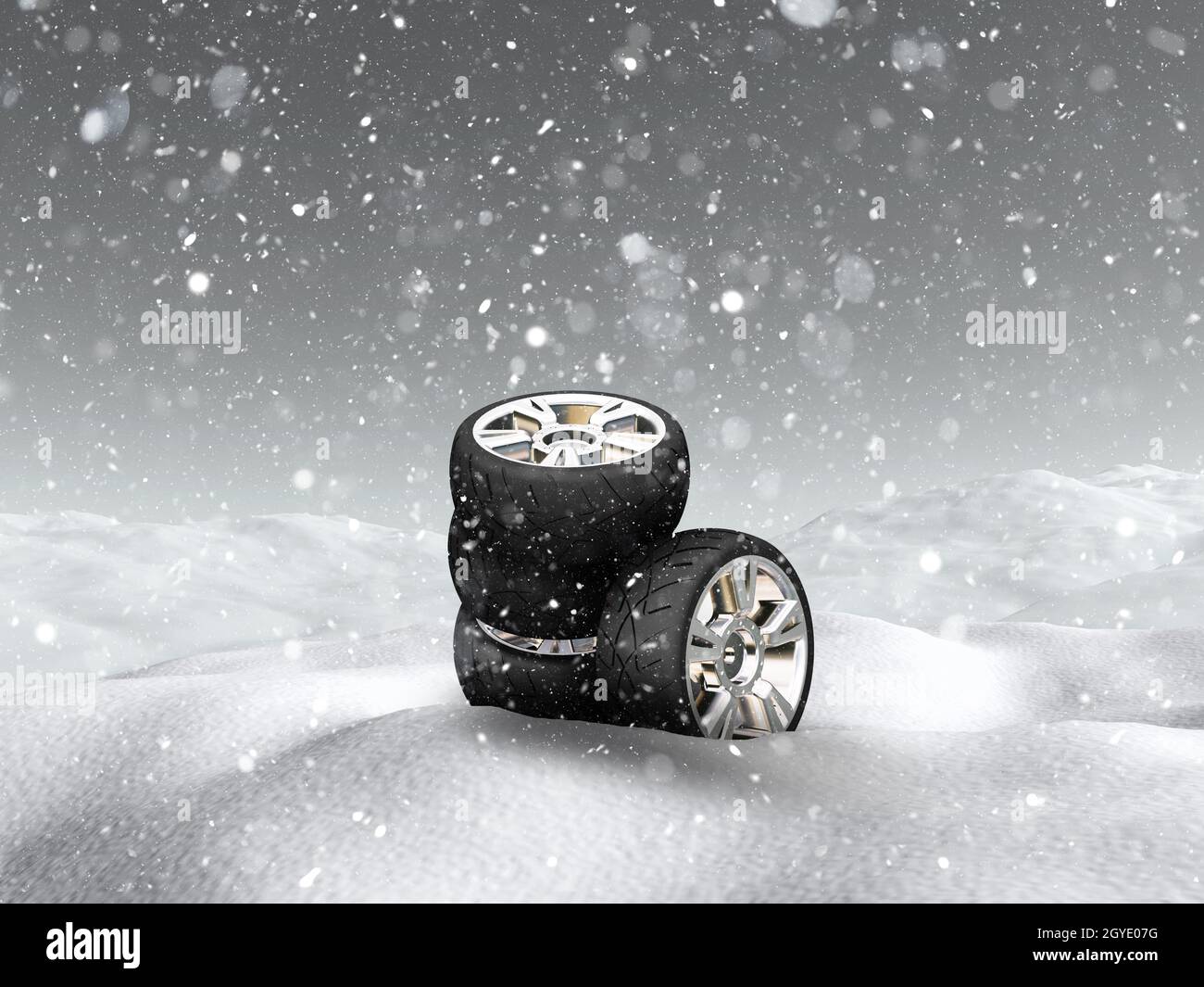 3D render of car wheels in snowy landscape Stock Photo - Alamy