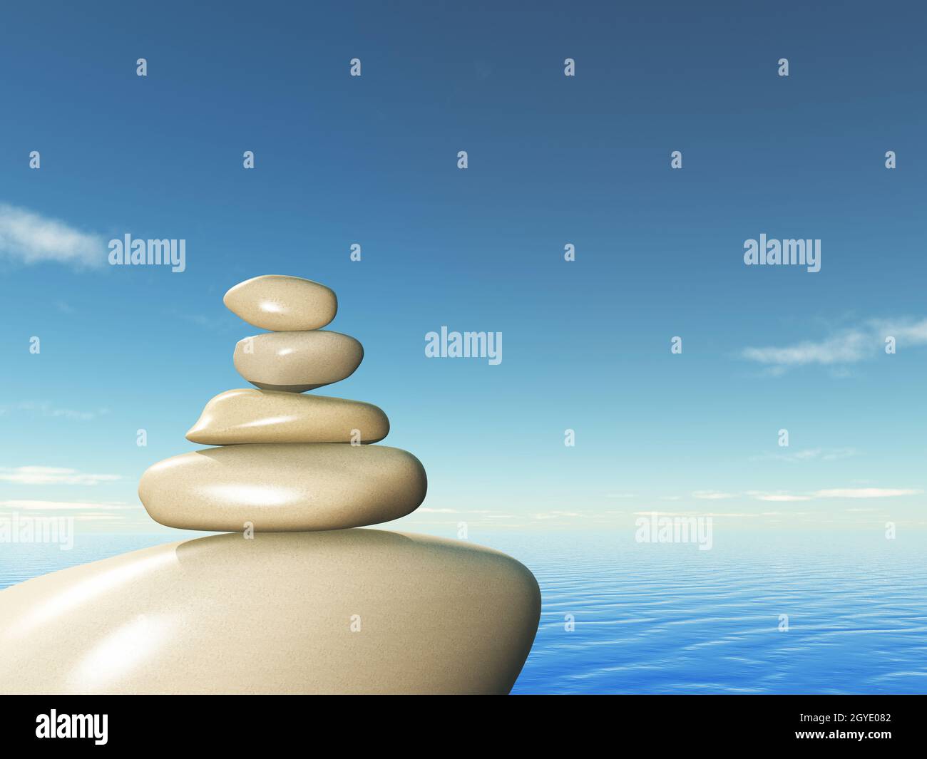 3D render of balancing pebbles against an ocean landscape Stock Photo ...