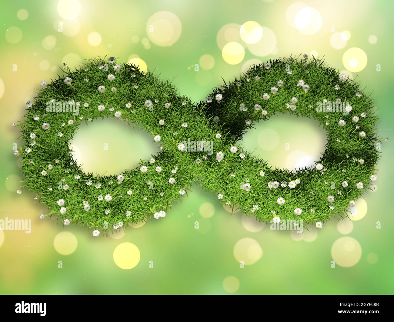 3D render of grass and daisies in the shape of an infinity symbol on a ...